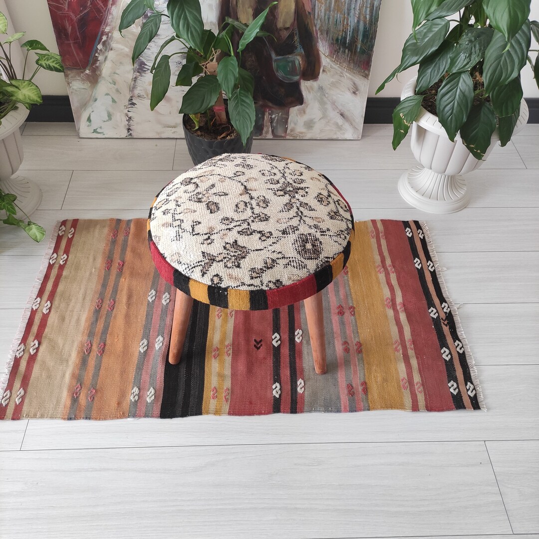 Vintage Rug Stool , Neutral , Colorful Kilim Chair, Ottoman , Turkish ...