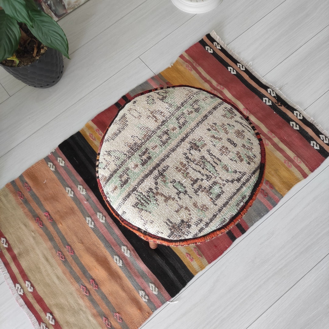 Round Vintage Rug Stool , Pastel , Colorful Kilim Chair, Ottoman ...