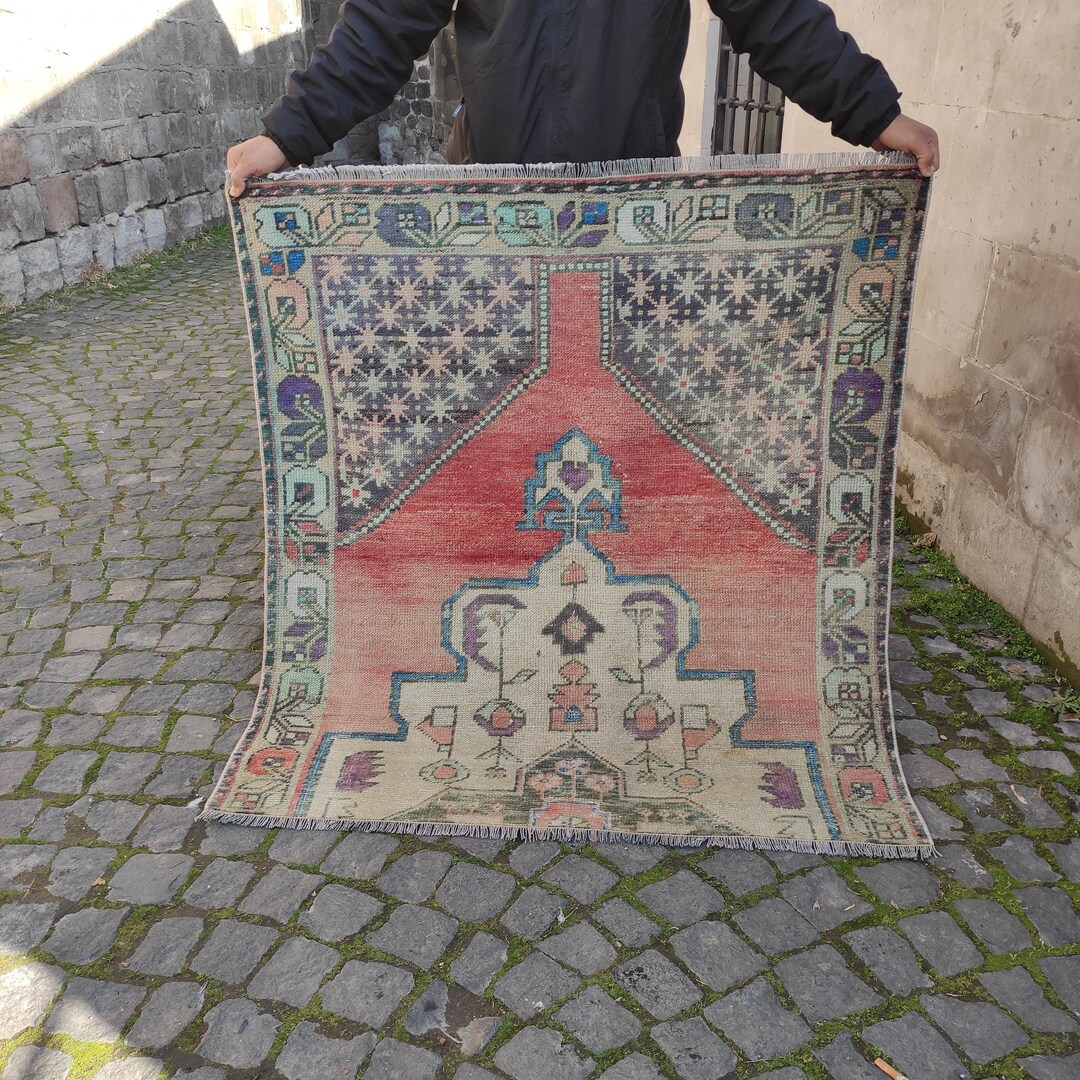 4x4 Muted Rusty Red Turkish Rug 3.57' X 4': Vintage Accent Rug Handmade ...