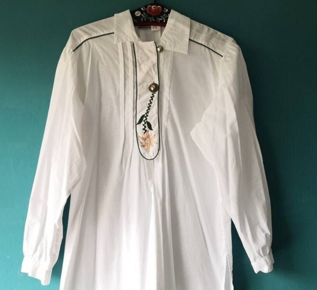 Vintage Austrian Traditional Shirt for Men, White, Cotton, Edelweiss ...
