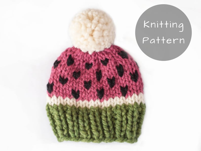 Watermelon Hat Knitting Pattern Chunky Knit Pompom Winter | Etsy