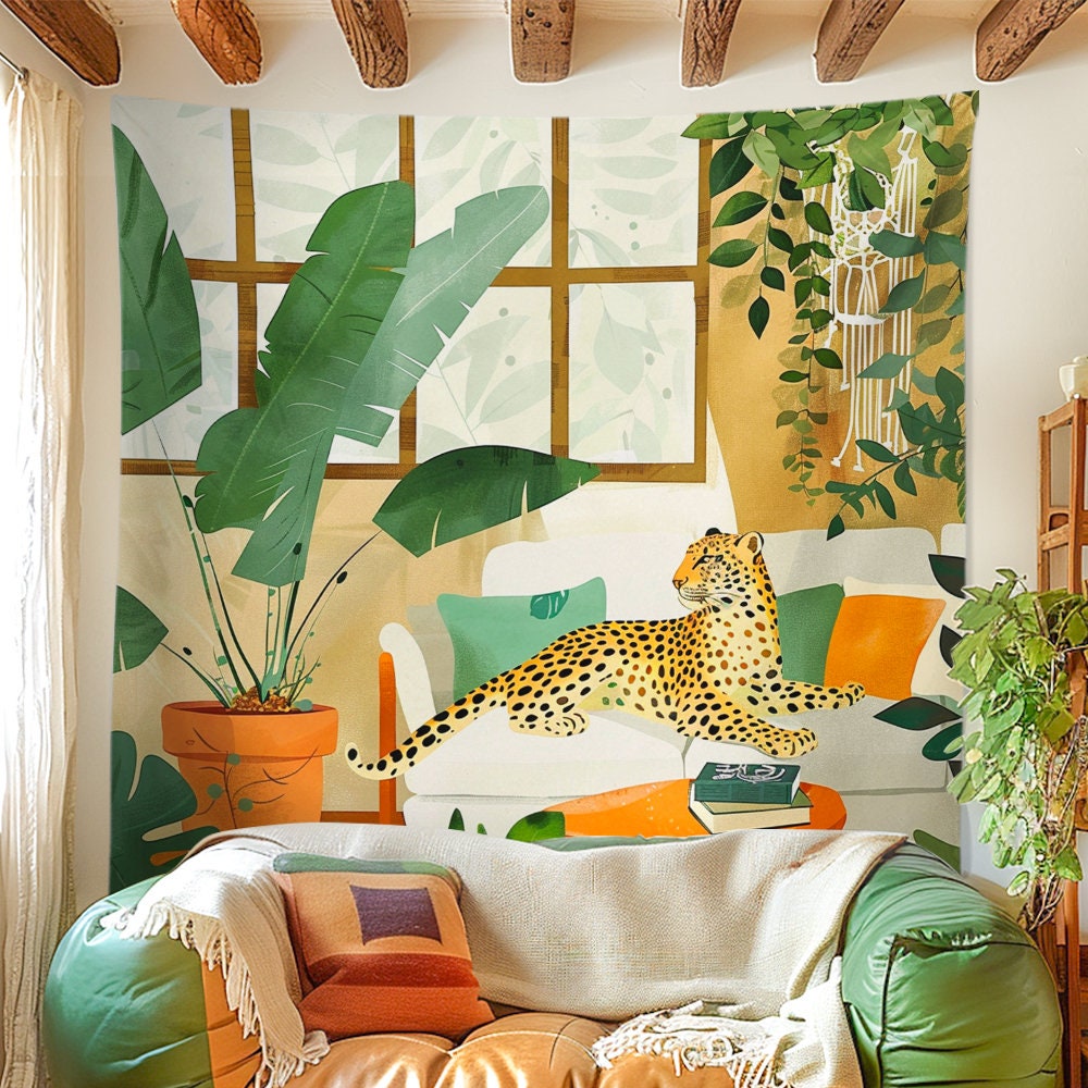 Mid-century Modern Animal Wall Tapestry:leopard Lounging in a Tropical ...