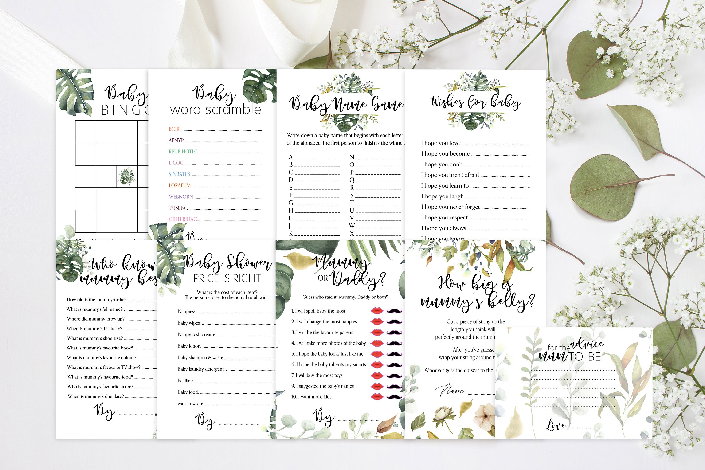 Watercolour Baby Shower Games Set Botanical Green Leaf Games - Etsy