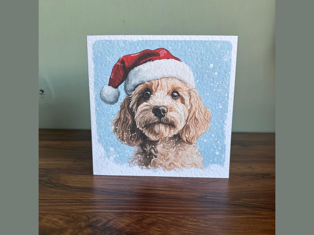Cockapoo Dog Christmas Card With Santa Clause, Illustration, Blank ...