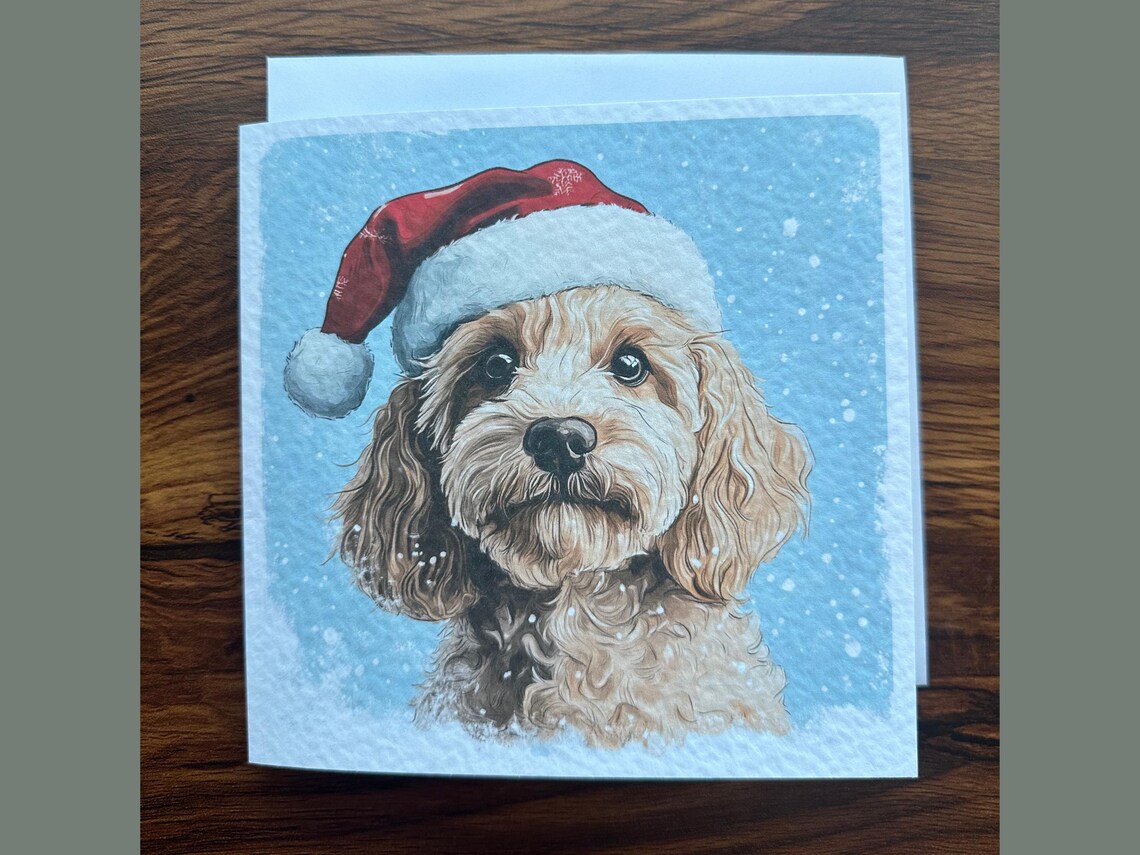 Cockapoo Dog Christmas Card With Santa Clause, Illustration, Blank ...