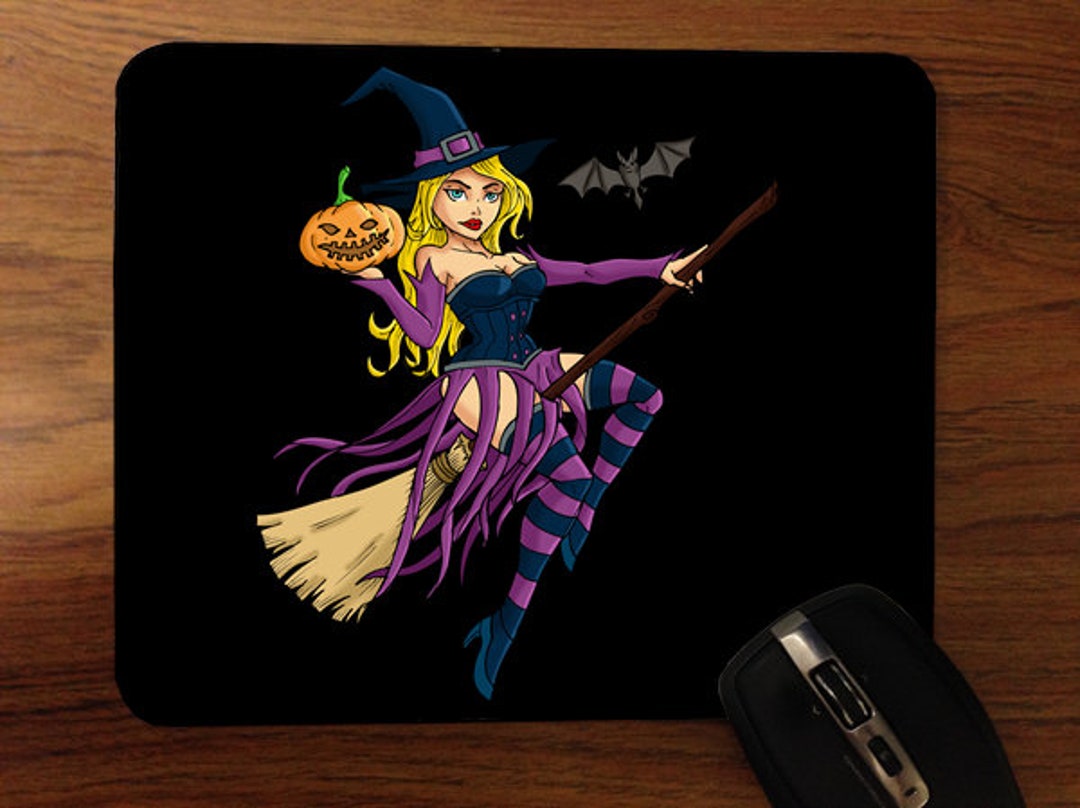 Hot Sexy Witch On A Broom Holding Halloween Pumpkin With A Bat Desktop Office Silicone Mouse Pad