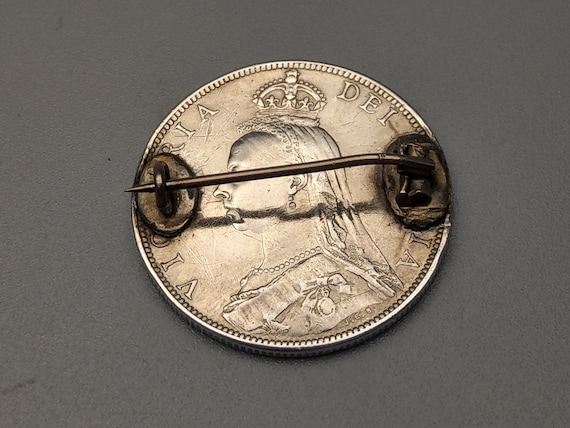 Coin Brooch Victorian 1888 Silver Double Florin - Gem
