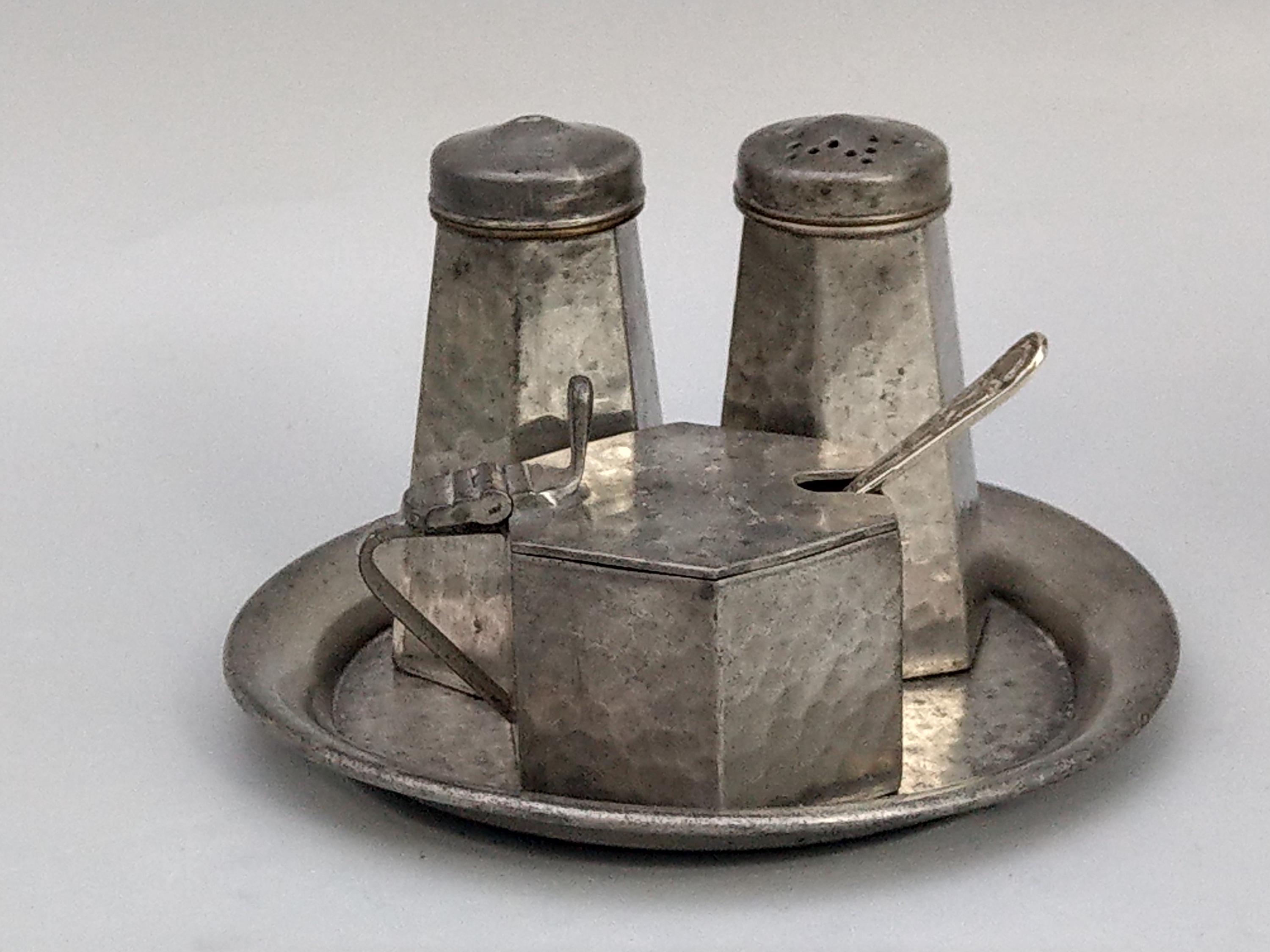 Hall Bros Pewter Cruet Set: Salt, Pepper & Mustard Pot With Cobalt Blue ...