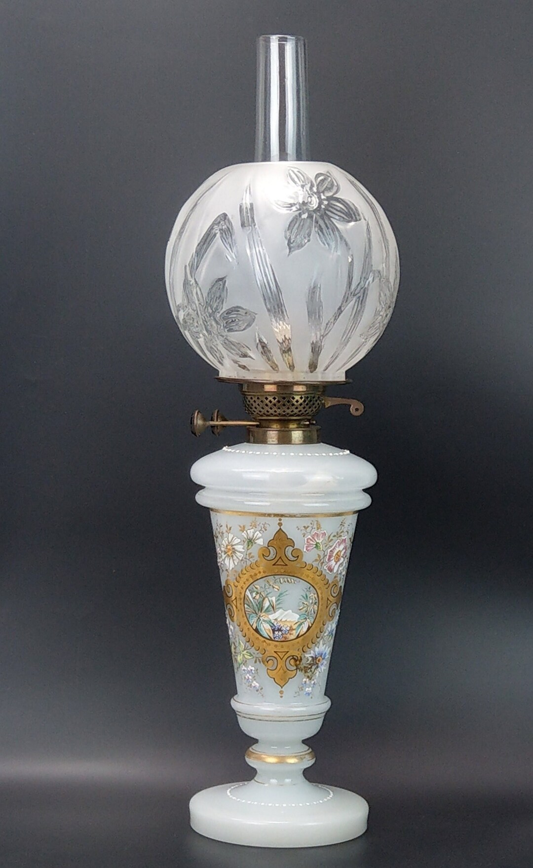 Large Opaque Milk Glass Oil Lamp Enamel Decorated With Frosted Glass ...