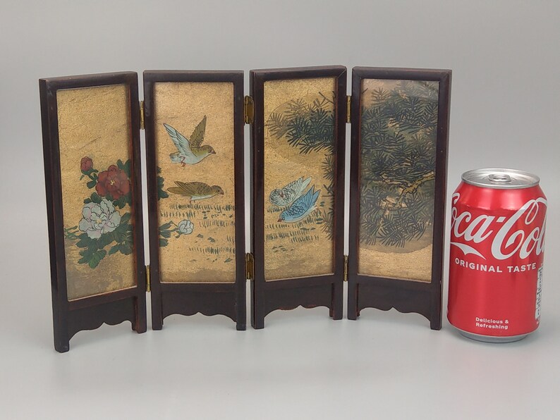 Oriental Four Panel Wood Tabletop Screen With Gold Paper Bird - Etsy