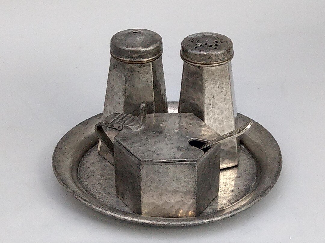 Hall Bros Pewter Cruet Set: Salt, Pepper & Mustard Pot With Cobalt Blue ...