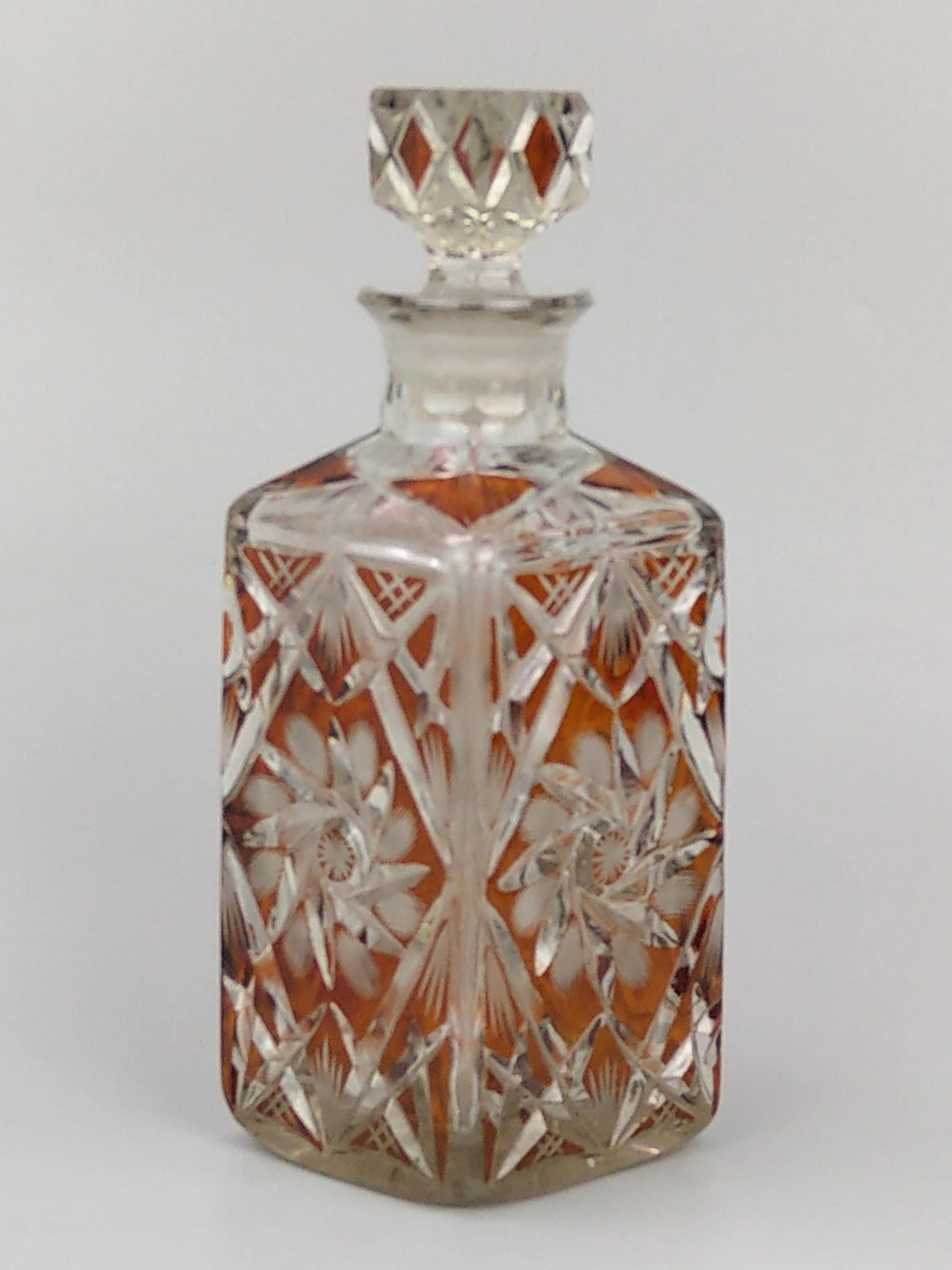 Square Whisky Decanter Bohemian Cut Glass Amber Flush - Etsy