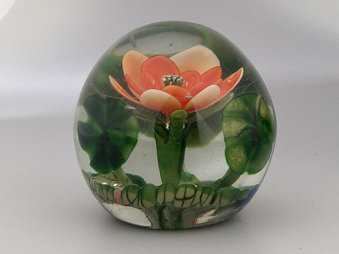 Mid Century Chinese Paperweight With Red Water Lily With Blue ...