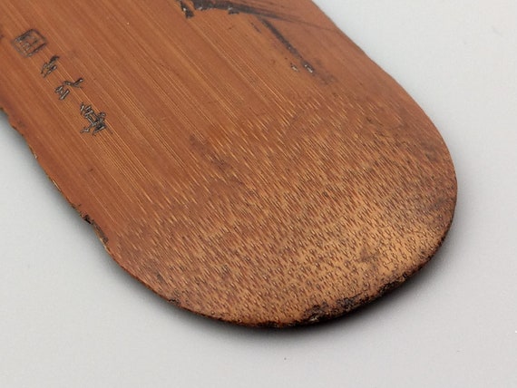 Japanese Carved bamboo Paper Knife With Samurai Singed - Gem