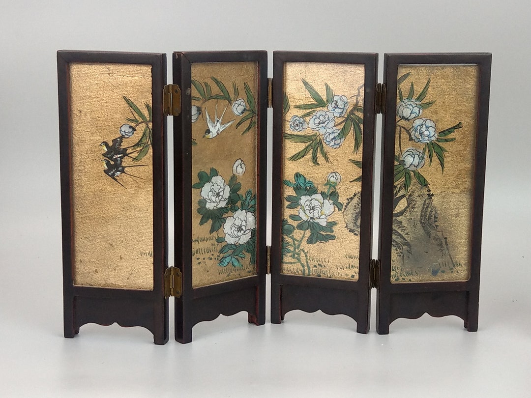 Oriental Four Panel Wood Tabletop Screen With Gold Paper Bird - Etsy