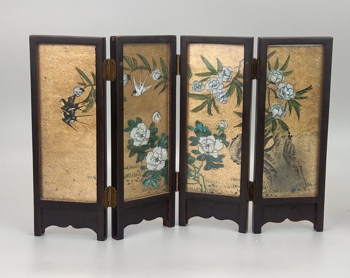 Oriental Four Panel Wood Tabletop Screen With Gold Paper Bird and ...