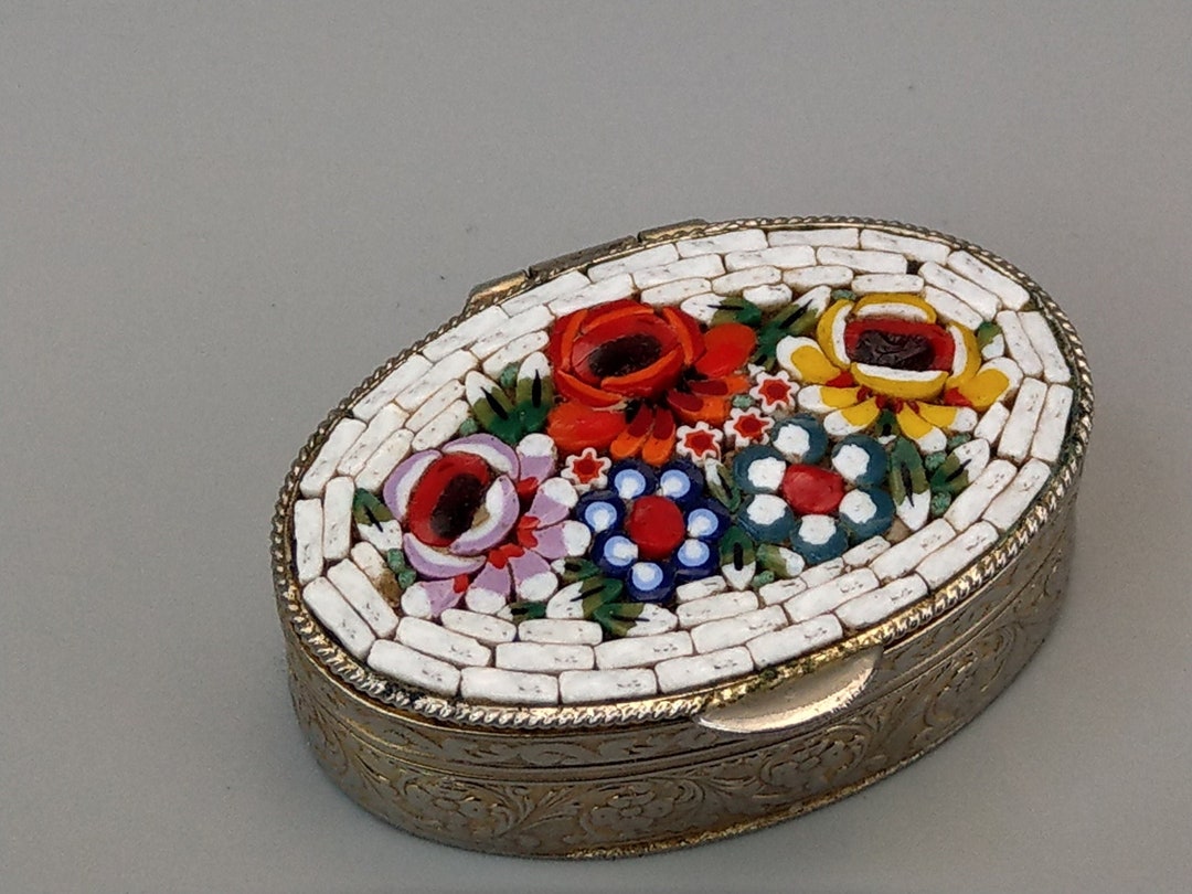 Vintage Italian Micro Mosaic Pill Box: Floral Trinket Case - Etsy