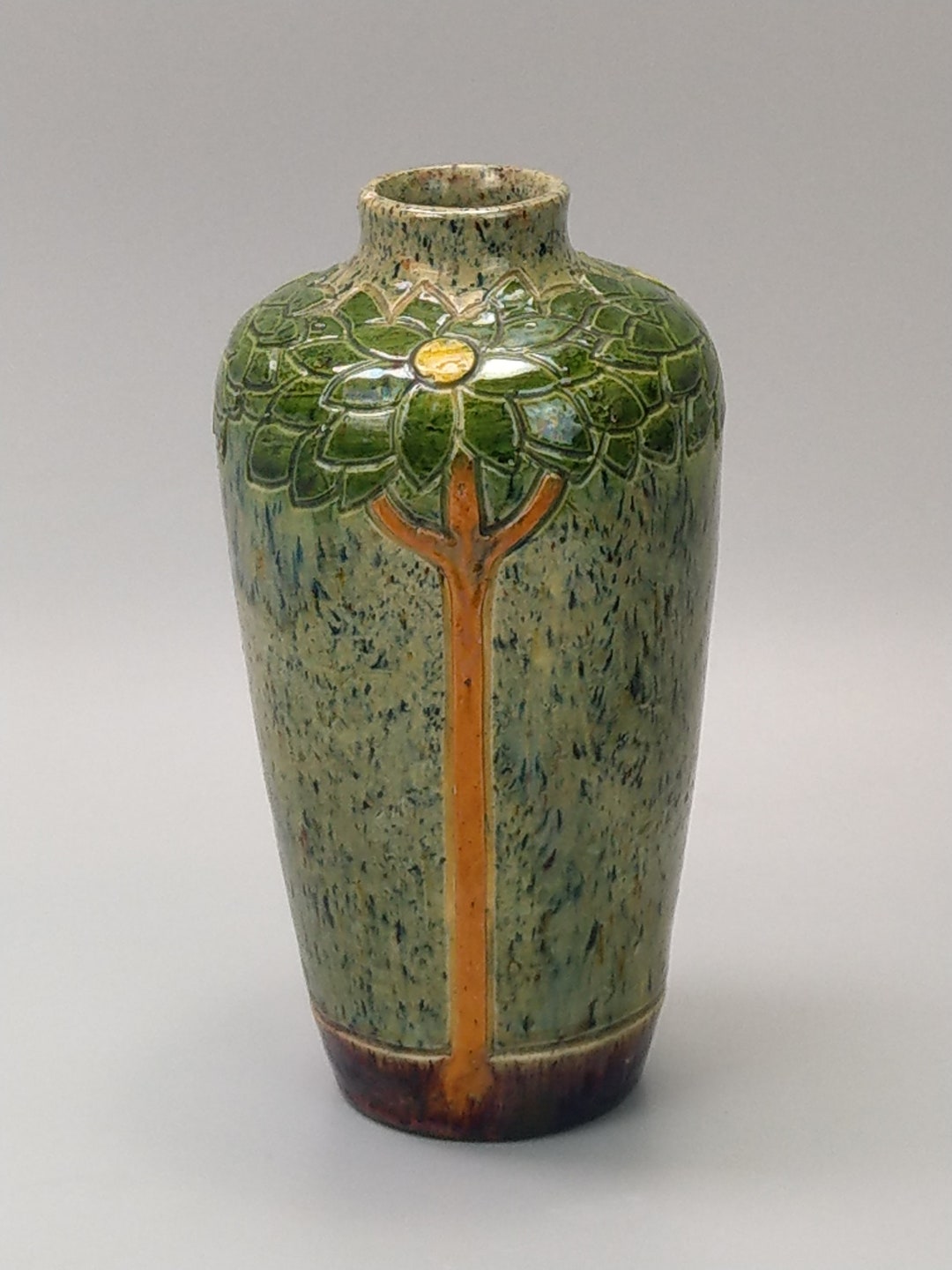 Art Nouveau Belgian Pottery Vase Green Drip Glazed Incised With Tall ...