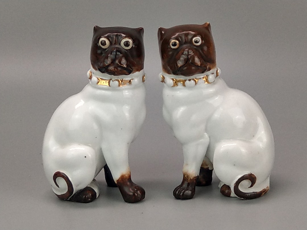 Pair of Antique Pug Dog Figurine Brown Face With Gold Collar - Etsy