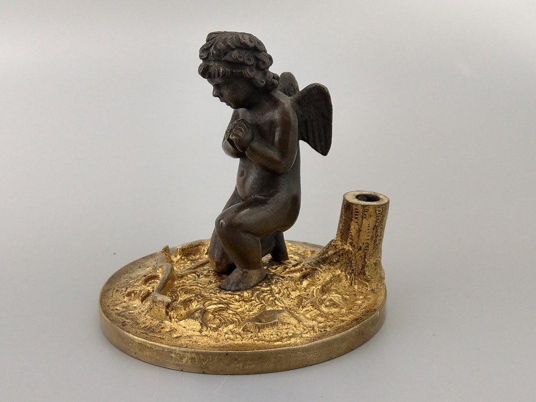 Bronze Putto Praying With a Broken Bow on Gold Gild Stand - Etsy