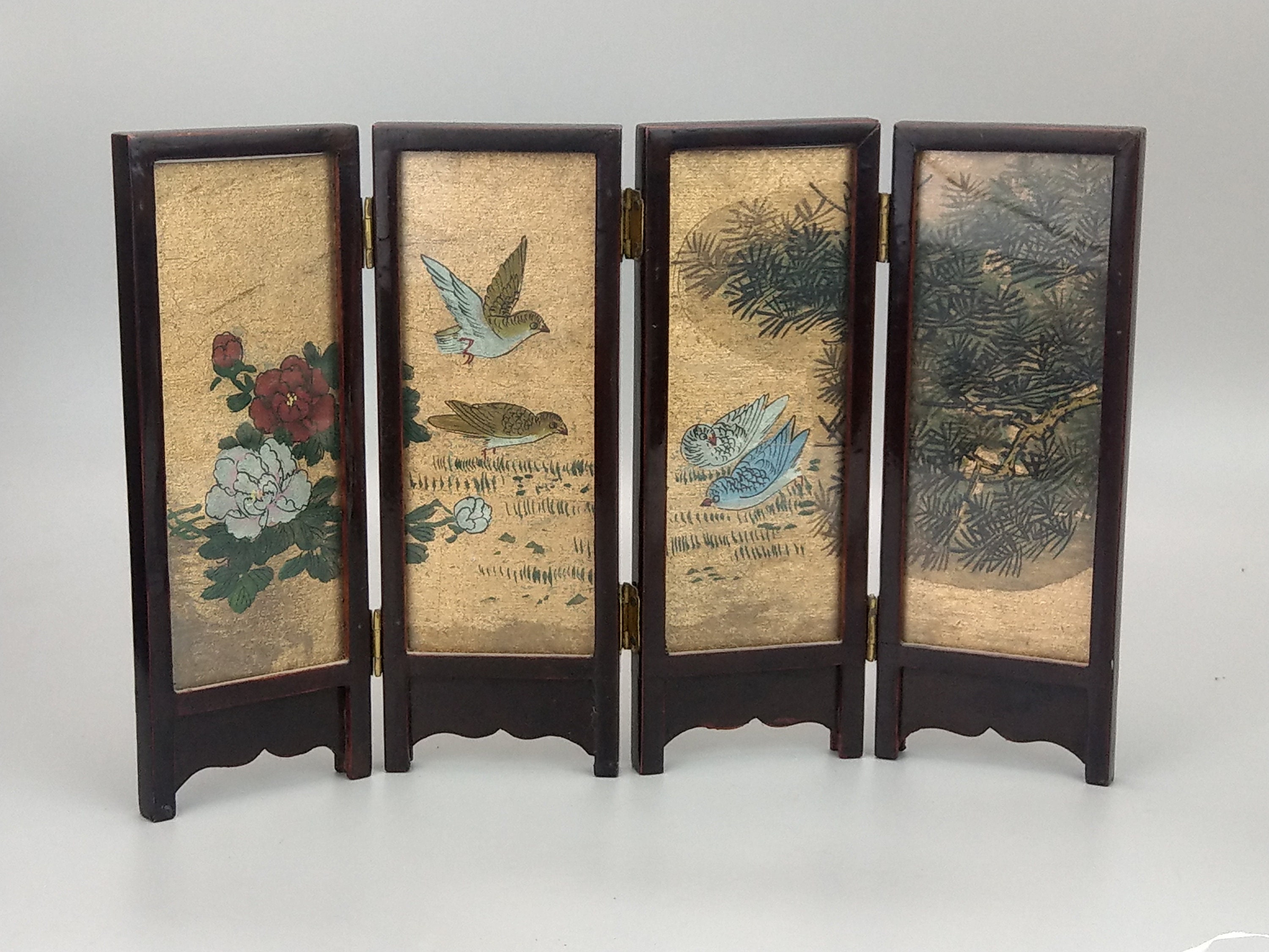 Oriental Four Panel Wood Tabletop Screen With Gold Paper Bird - Etsy