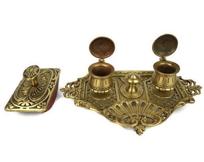 Antique Brass Double Inkwell With Stamp Table Decor Office - Etsy