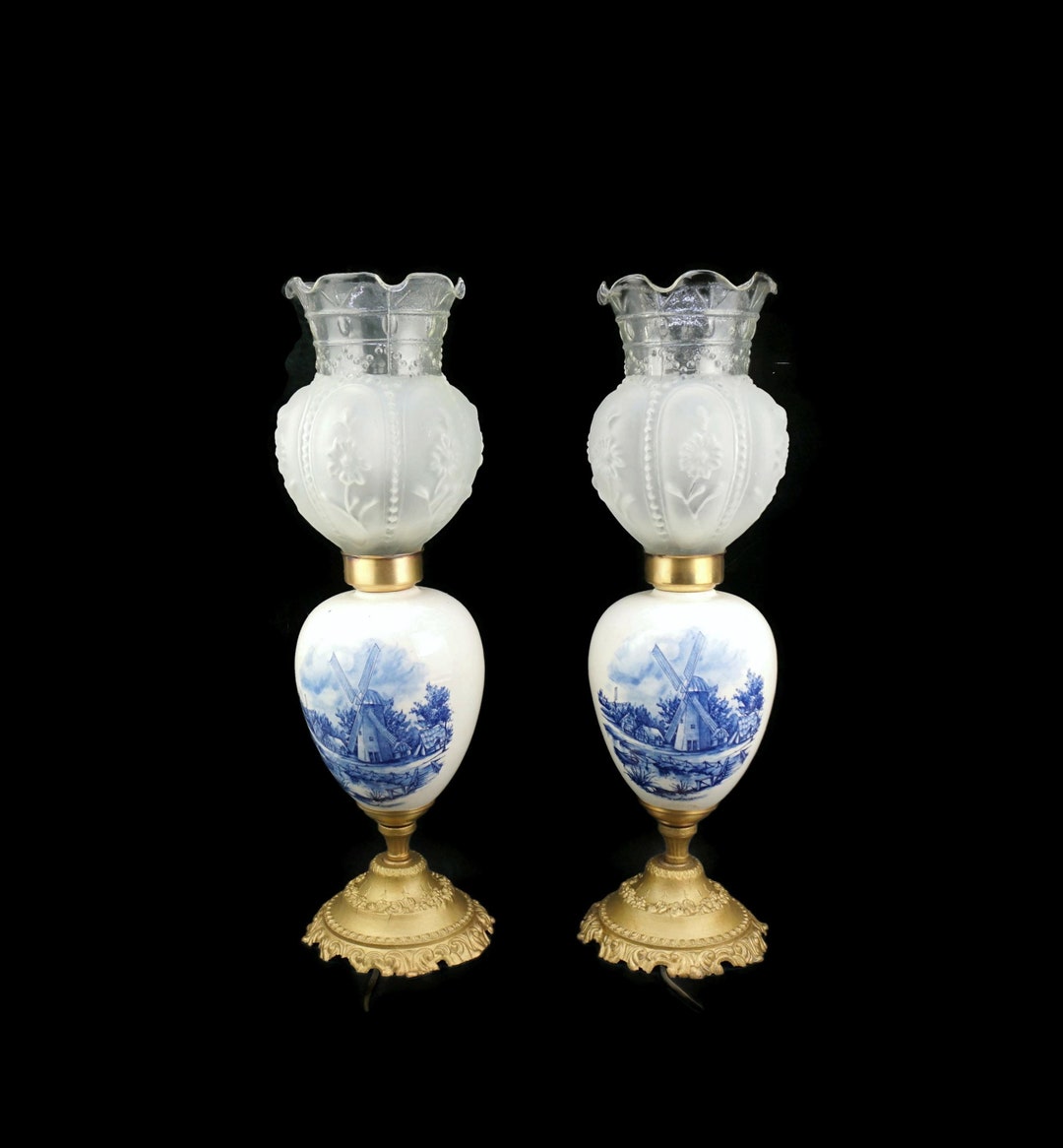 Antique Table Lamps Set, Ceramic Table Lamps Set With Glass Shades - Etsy