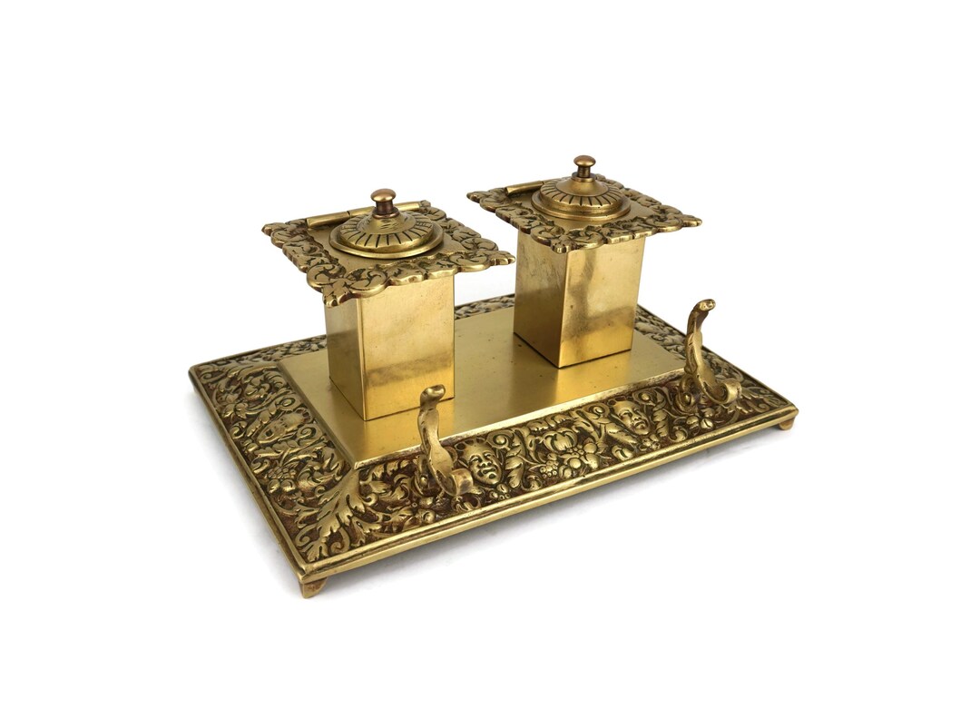 English Brass Inkwell With Ornate, Antique Embossed Brass Inkwell ...