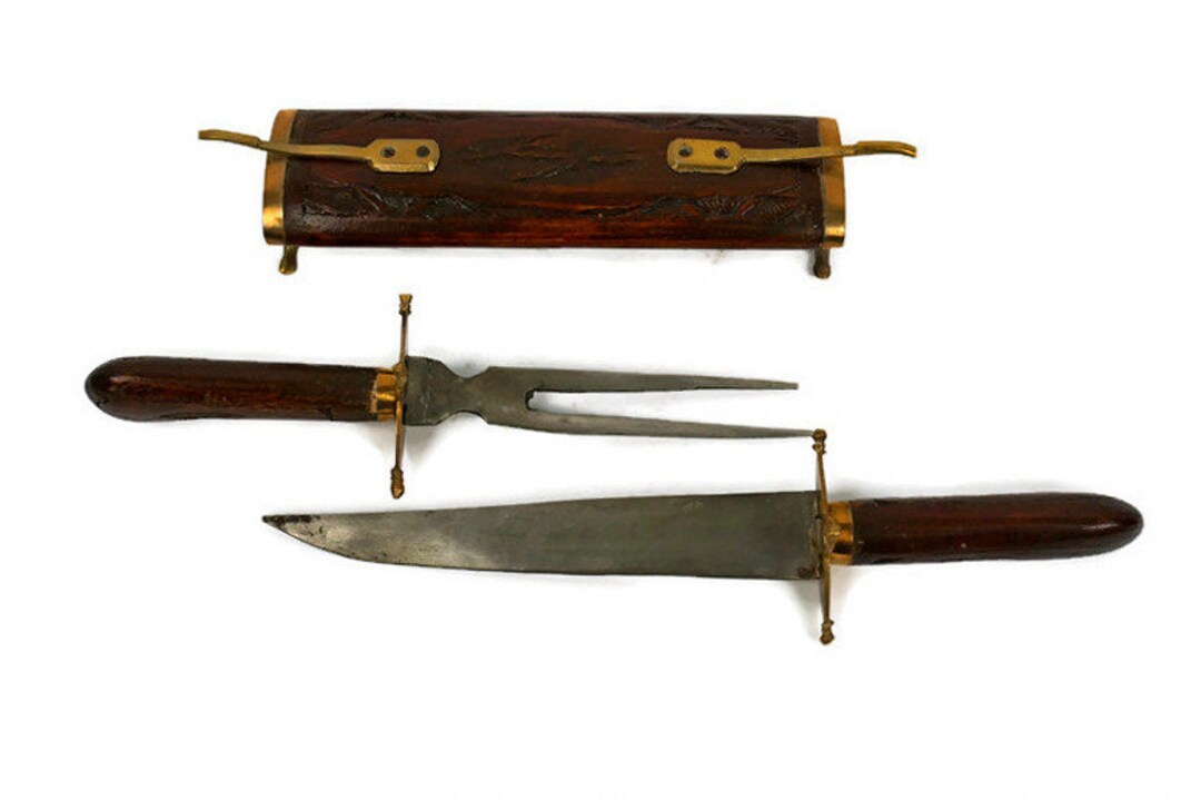 Vintage Flatware Set Knife and Fork With Wooden Carved Case - Etsy