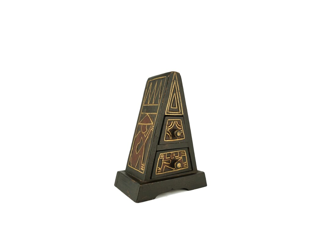 Aztec Style Pyramid Wood Box With 2 Drawers, Hand Painted Wooden ...