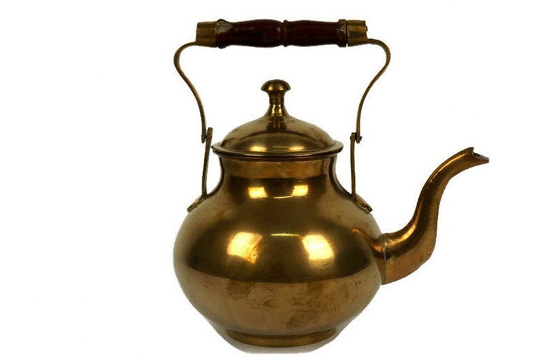 Vintage Solid Brass Tea Pot With Wooden Handle Etsy