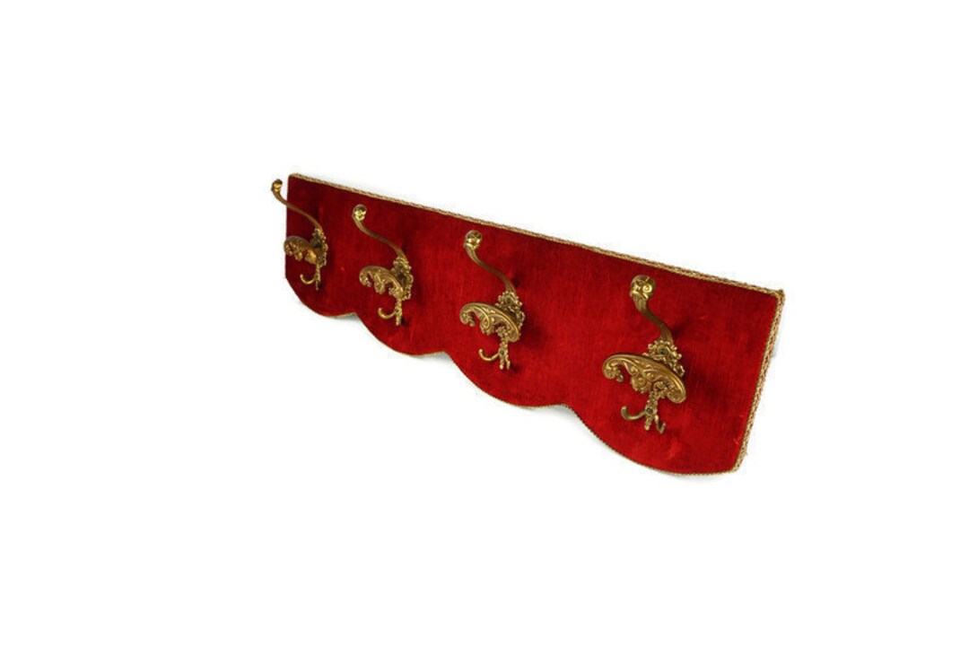 Vintage Red Velvet Coat Rack, Large Coat Rack With Brass Hook, Red ...