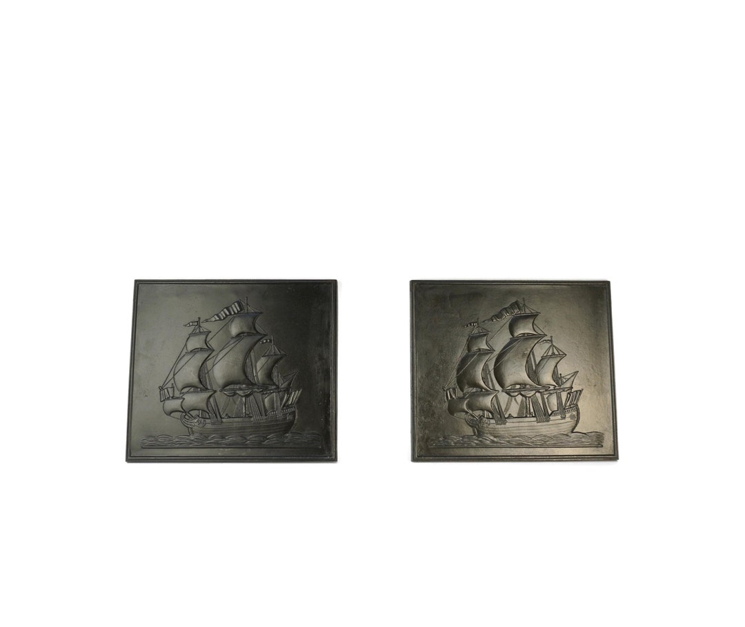 Fireplace Fire Back With Ships, Pair Cast Iron Fireplace Firebacks ...