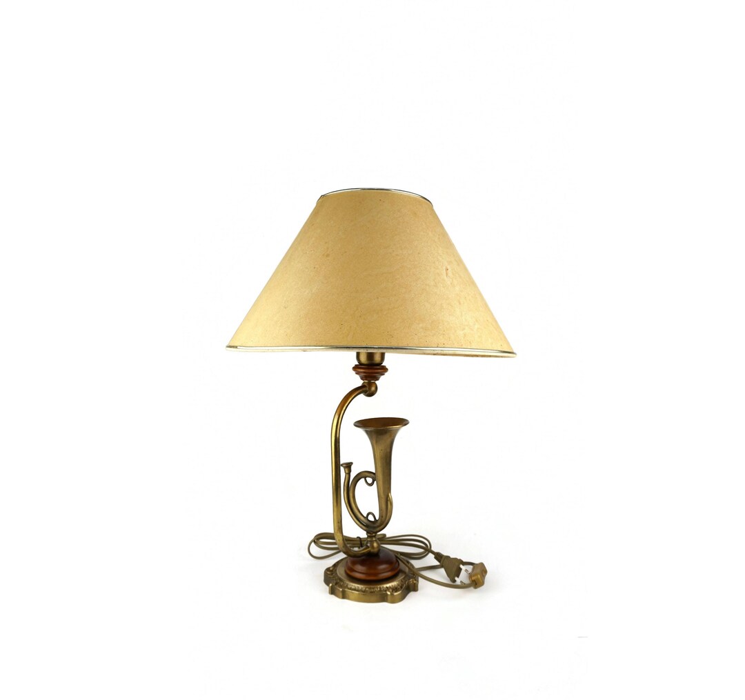 Vintage Trumpet Table Lamp, Antique Brass Table Lamp Beige Shade, Retro ...