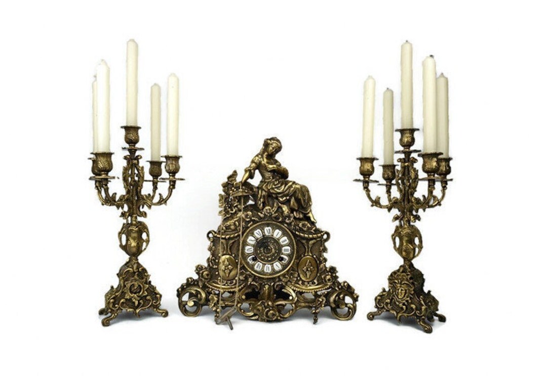 Antique Mantel Clock With Candle Holders, Art Nouveau Mantel Table ...