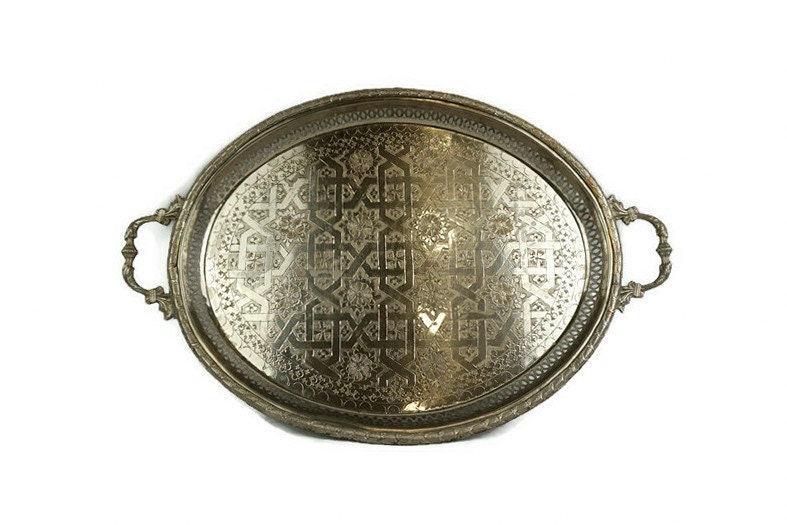 Antique Large Engraved Tray Large Oval Metal Tray with | Etsy