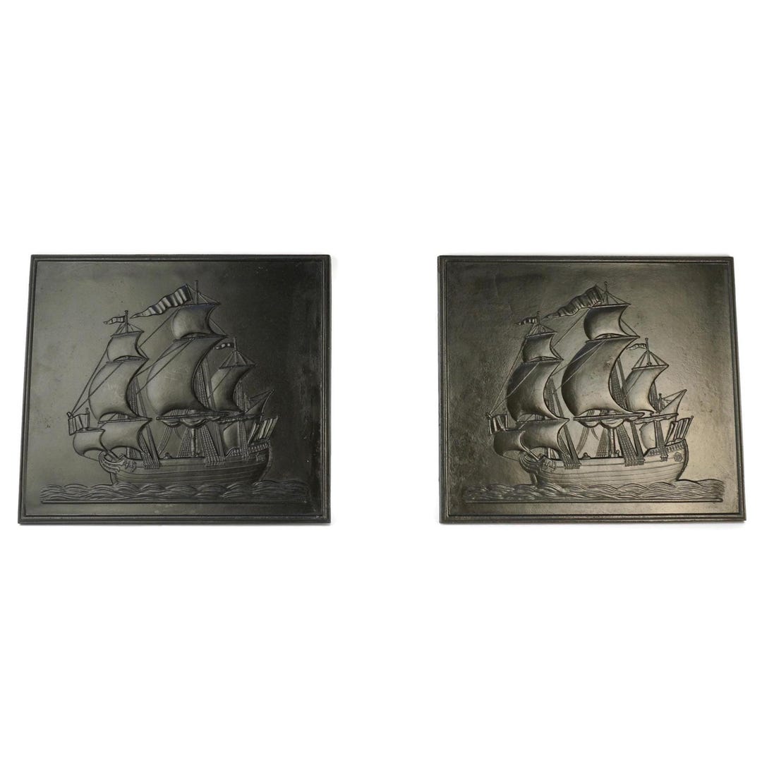 Fireplace Fire Back With Ships, Pair Cast Iron Fireplace Firebacks ...
