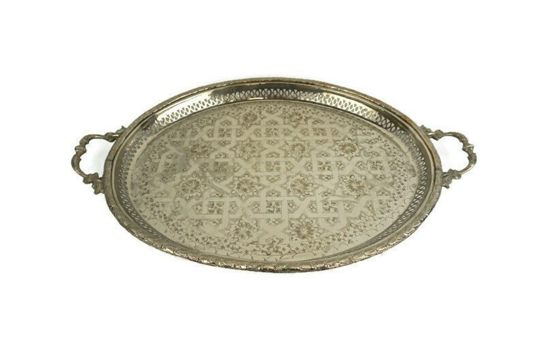 Antique Large Engraved Tray, Large Oval Metal Tray With Handles ...