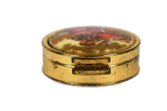 Vintage Brass Pill Box, Round Pill Box With Ceramic L… - Gem
