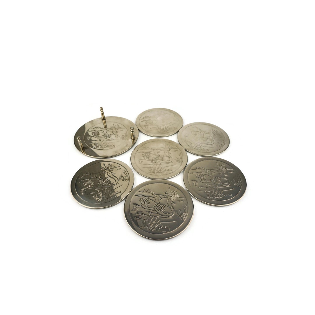 Vintage Silver Metal Coaster Set of 6, Duck Embossed Design - Etsy