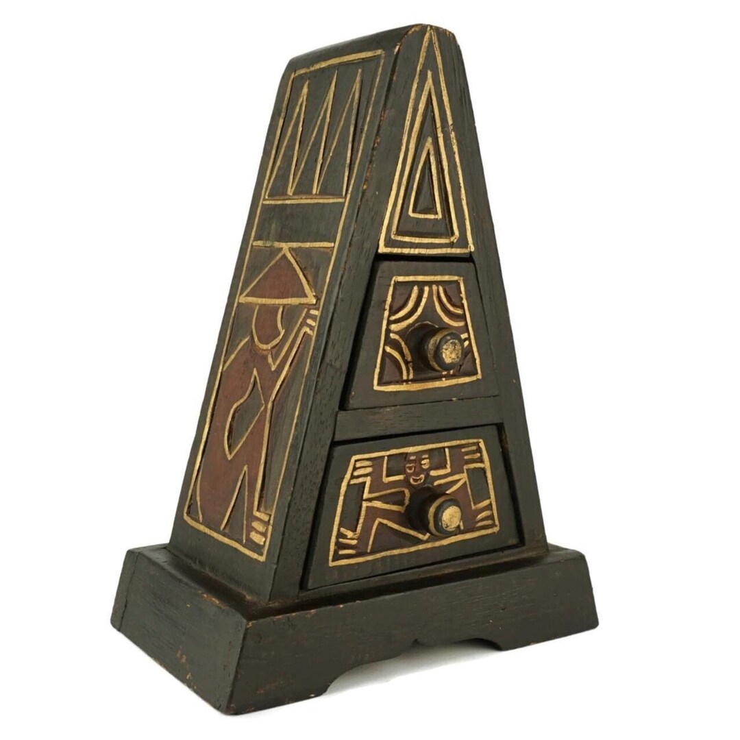 Aztec Style Pyramid Wood Box With 2 Drawers, Hand Painted Wooden ...