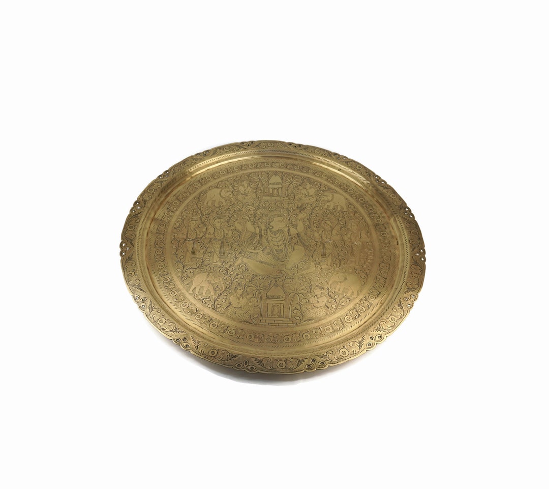 Antique Large Brass Tray, Indian Brass Tray, Hand Engraved Brass Tray ...