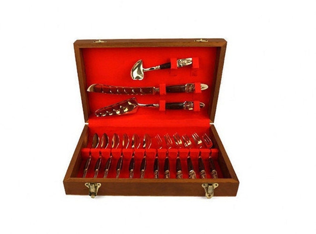 Thai Dinnerware Dessert Utensil Set, Brass Utensil Set With Wooden ...