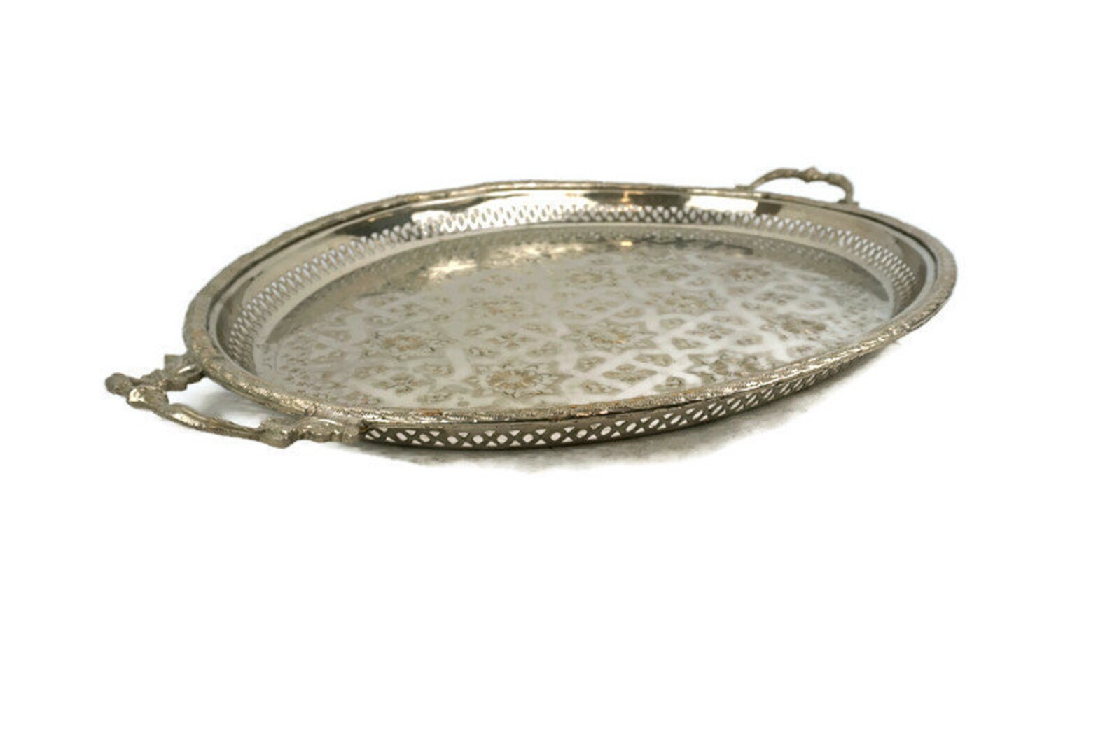 Antique Large Engraved Tray Large Oval Metal Tray With - Etsy