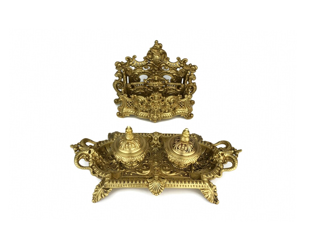 19th Century Brass Inkwell With Letter Holder Set, Antique Brass ...