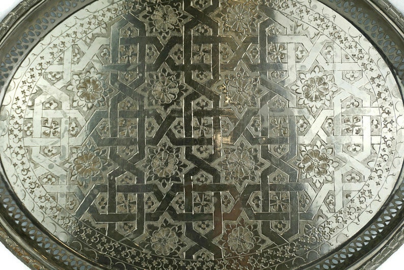 Antique Large Engraved Tray Large Oval Metal Tray With - Etsy