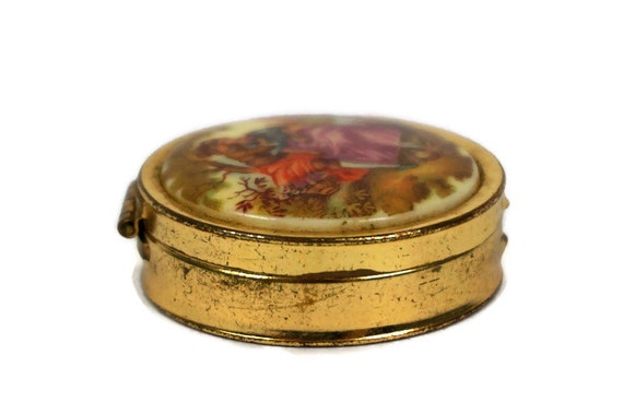 Vintage Brass Pill Box, Round Pill Box With Ceramic L… - Gem