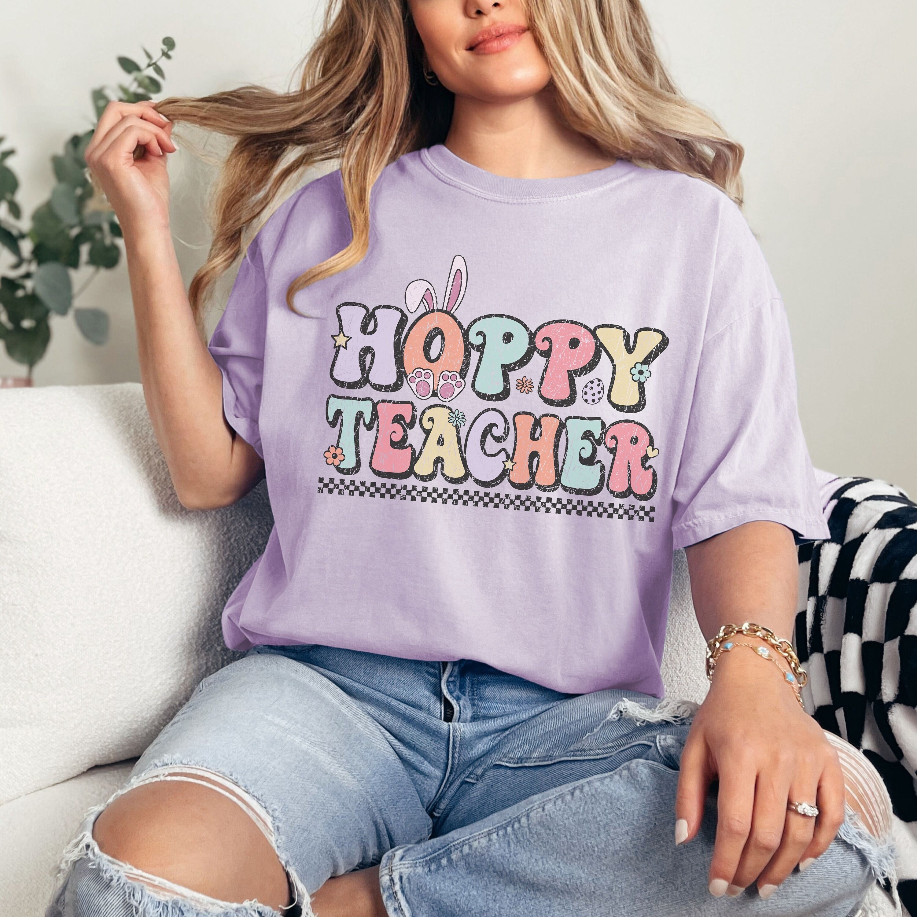 Happy Easter Teacher Comfort Colors Shirt, Hoppy Teacher Bunny Tee ...