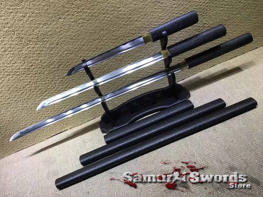 Custom Samurai Sword Set for Sale With Black Hardwood Saya, Functional ...