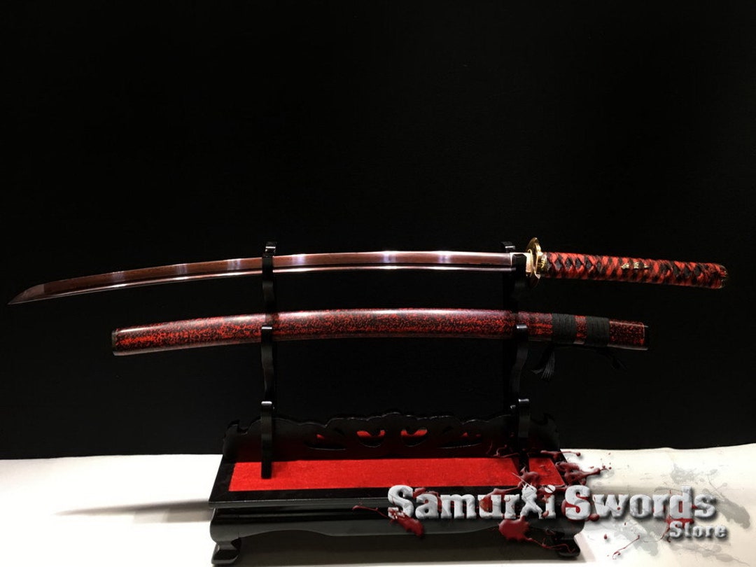 1095 Folded Steel Katana Samurai Sword, Red Acid Dye Hand Forged Katana ...